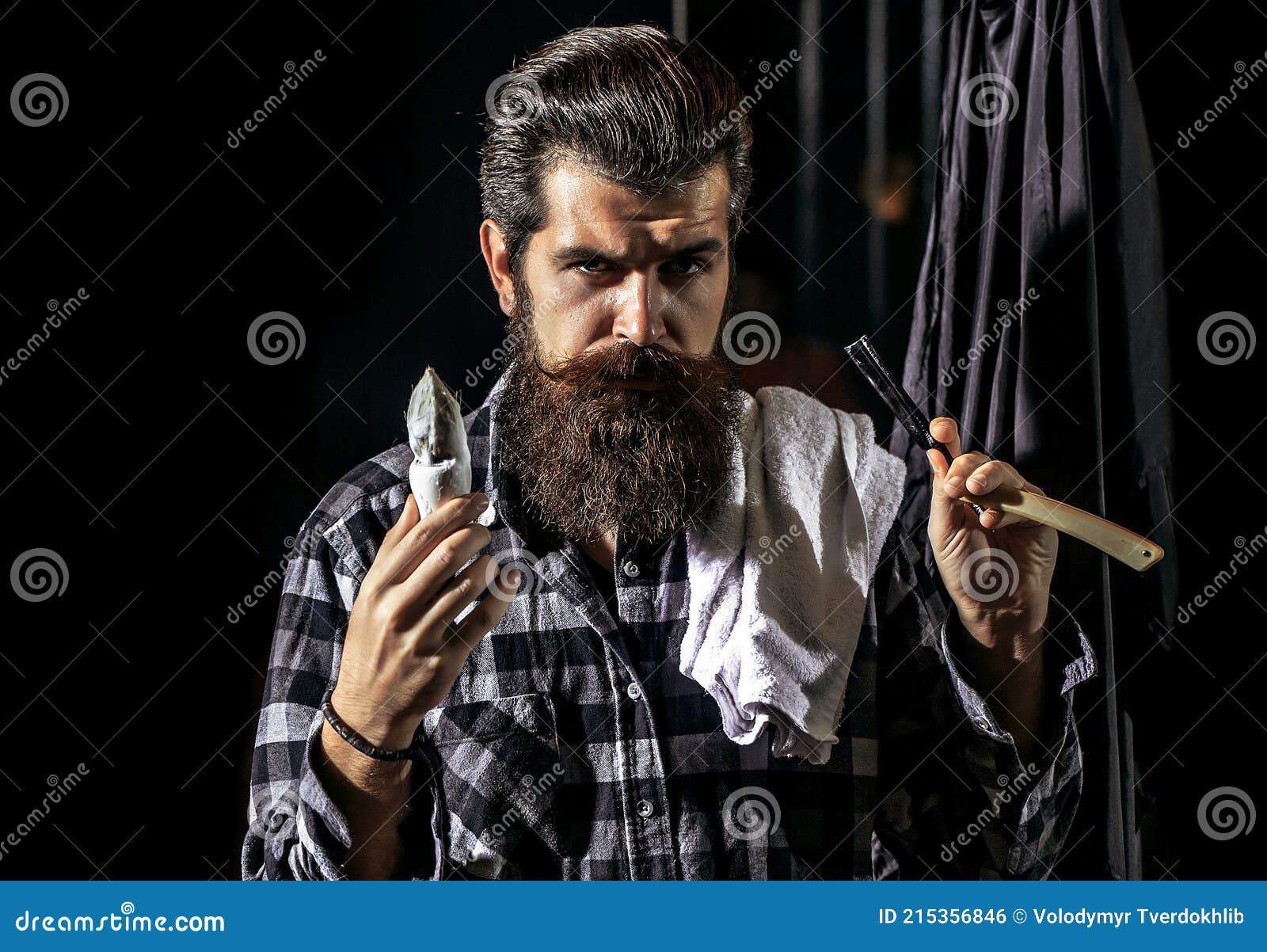 Bearded Man In Barbershop Barber Scissors And Straight Razor Barber