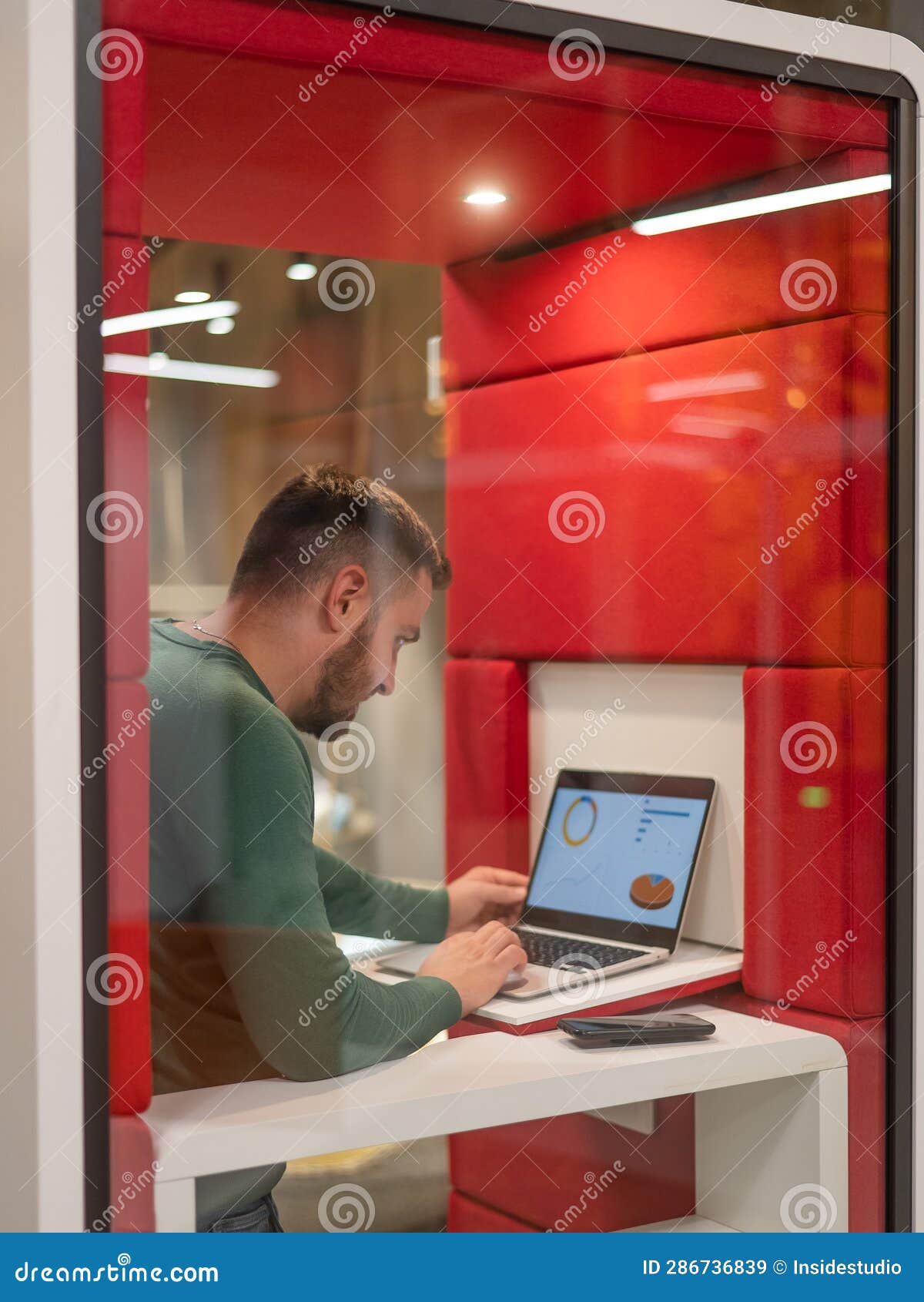 A Bearded Man in a Booth for Online Negotiations. Privacy Booth. Stock ...