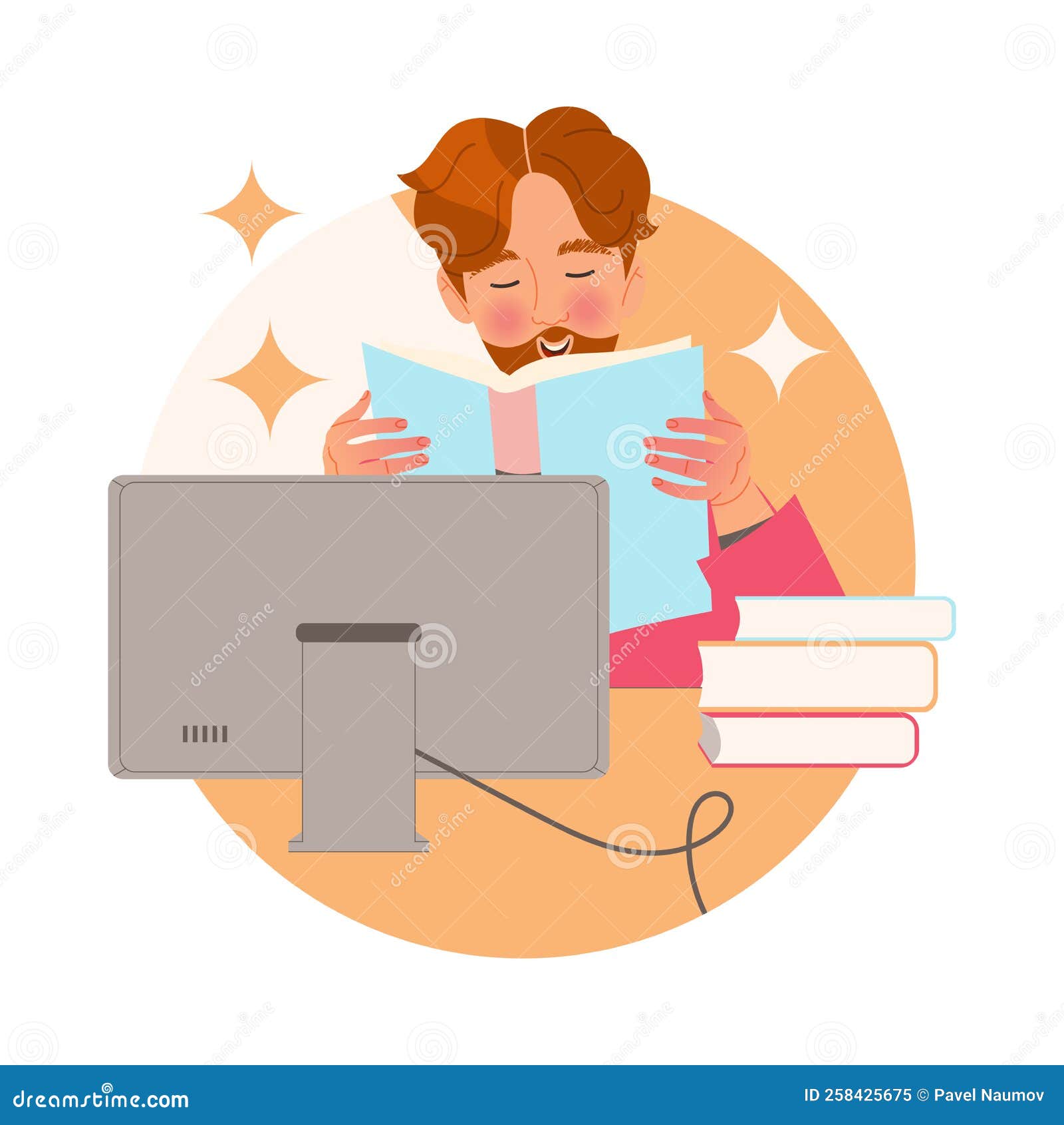 Bearded Man Character Learning Sitting at Desk at Computer and Reading ...