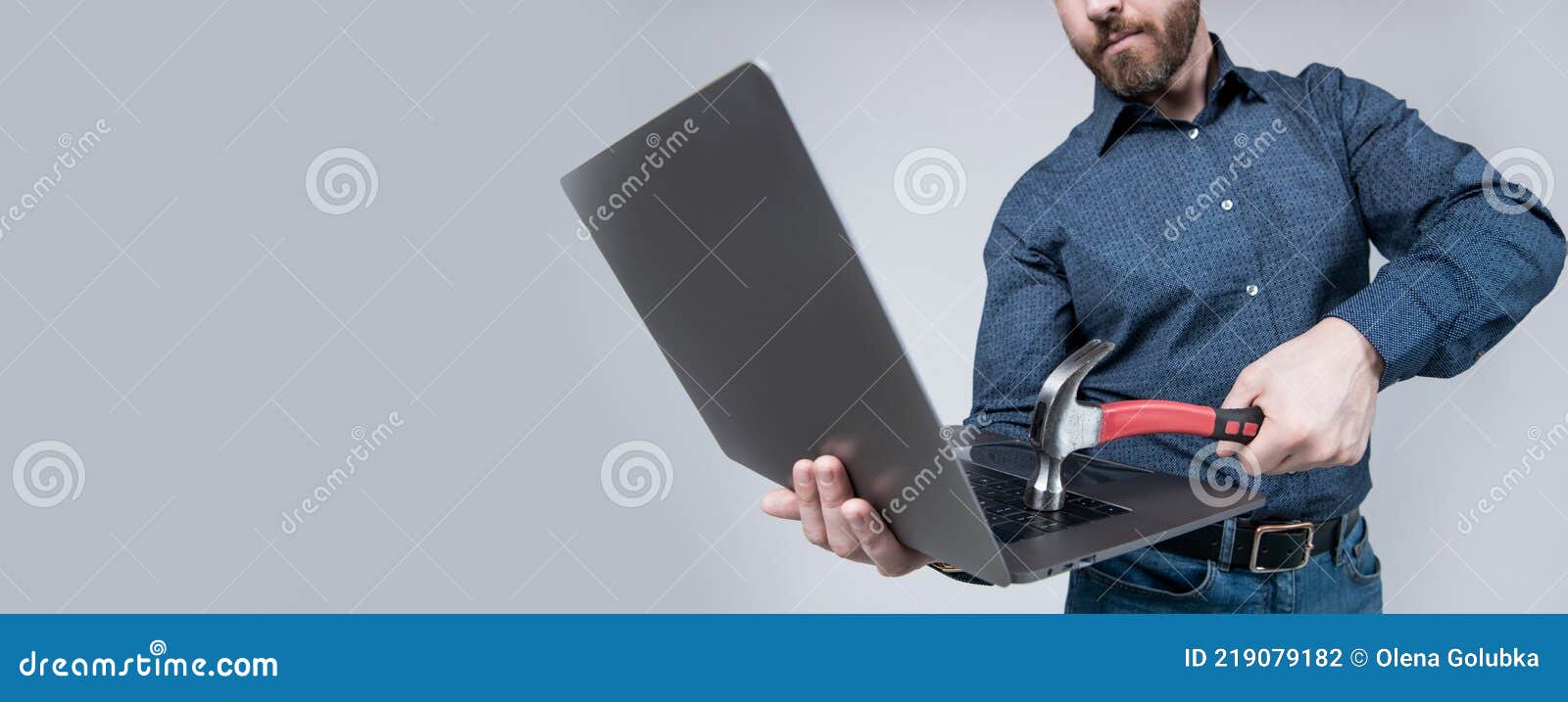 Bearded Man Cropped View Beat with Hammer Breaking into Computer Grey ...