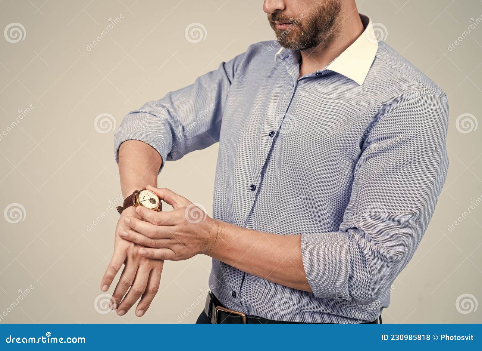 Bearded Man Cropped View Look at Wrist Watch Dial, Time Check Stock ...