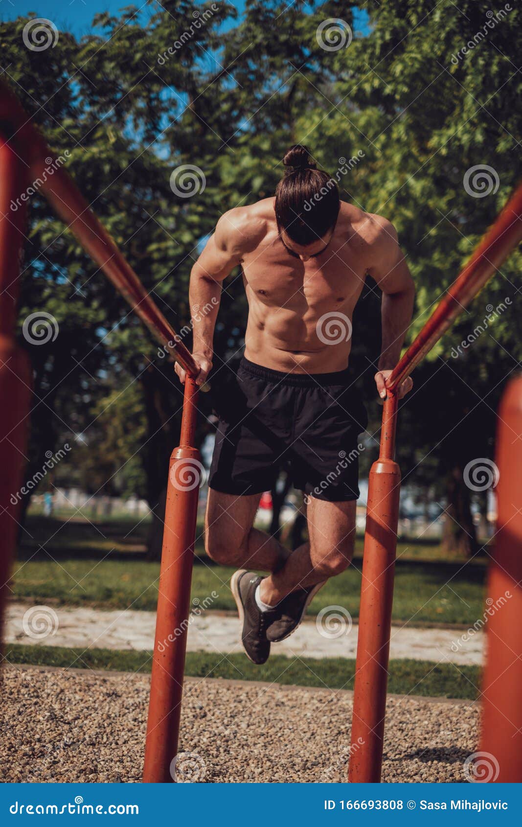 Bearded Man Doing Dips and Looking Down Stock Photo - Image of training ...