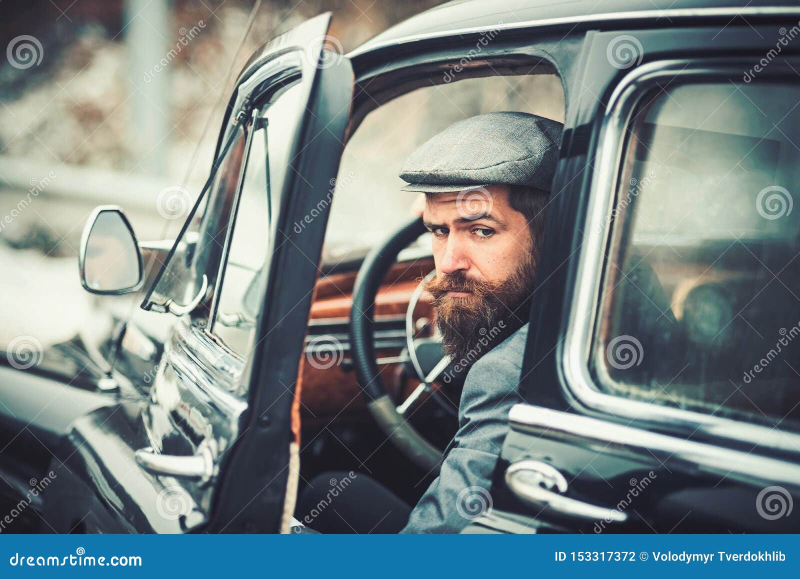 Bearded Man Driver Outdoors in Retro Car. Stock Photo - Image of adult ...
