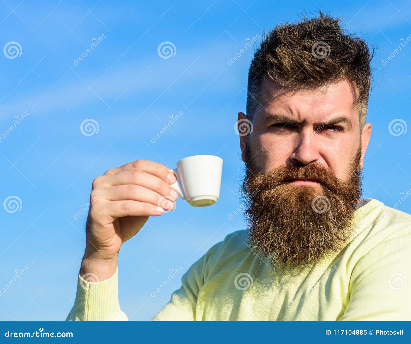 Bearded Man With Espresso Mug Drinks Coffee Man With Beard And