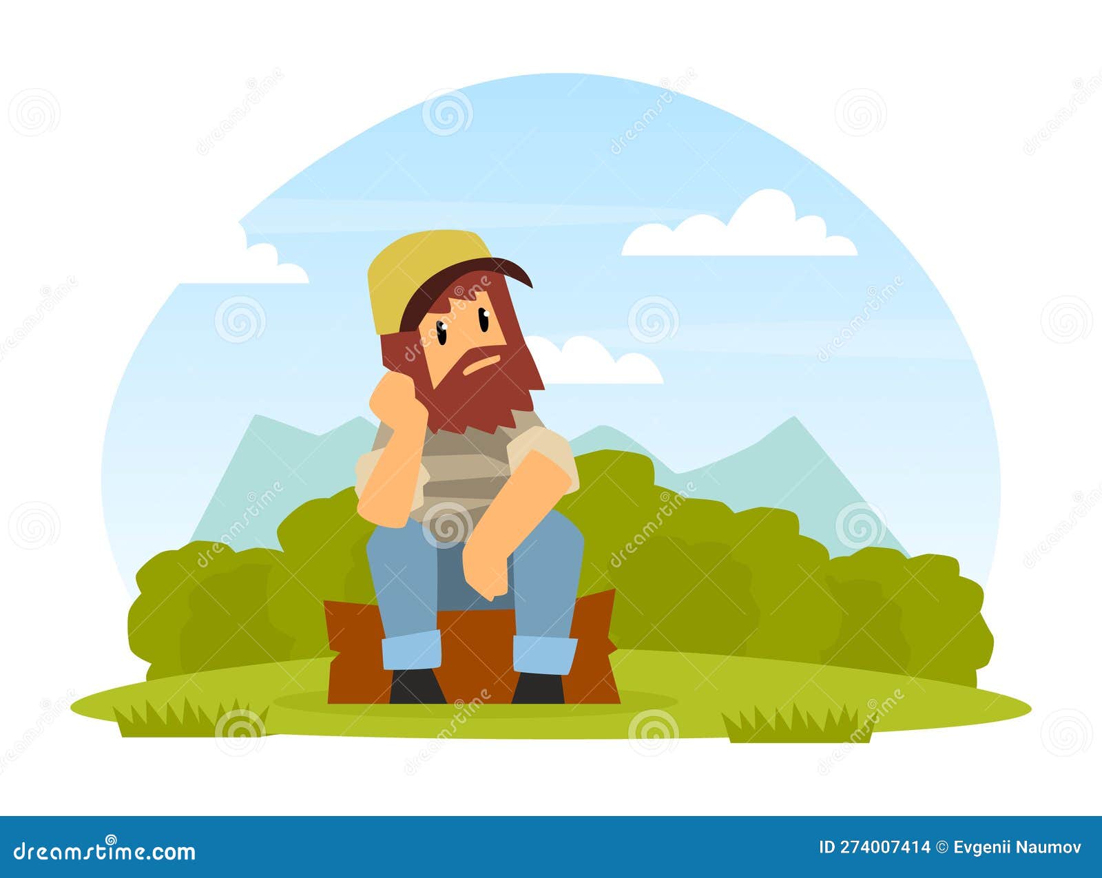 Bearded Man Farmer Sitting on Tree Log on Ntaure Cartoon Vector Stock ...
