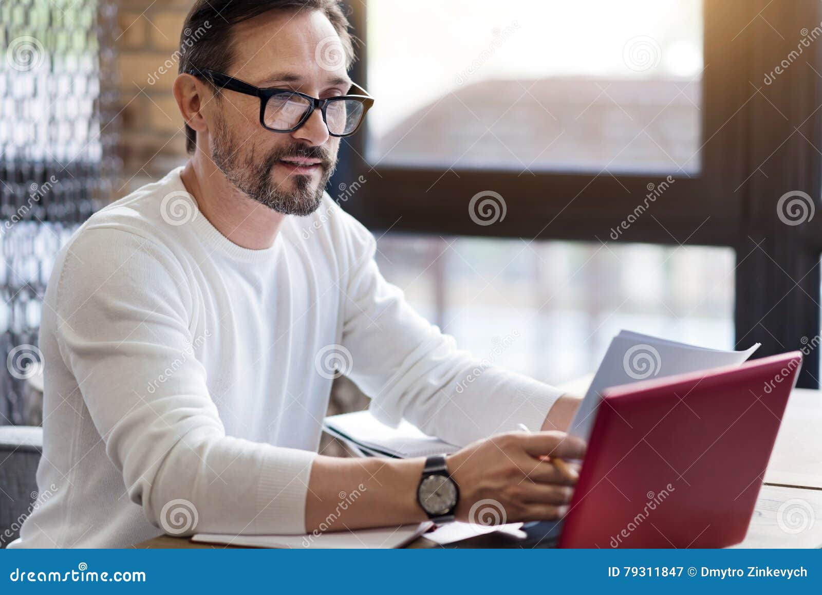 Bearded Man With Glasses Working On Laptop Stock Image Image Of