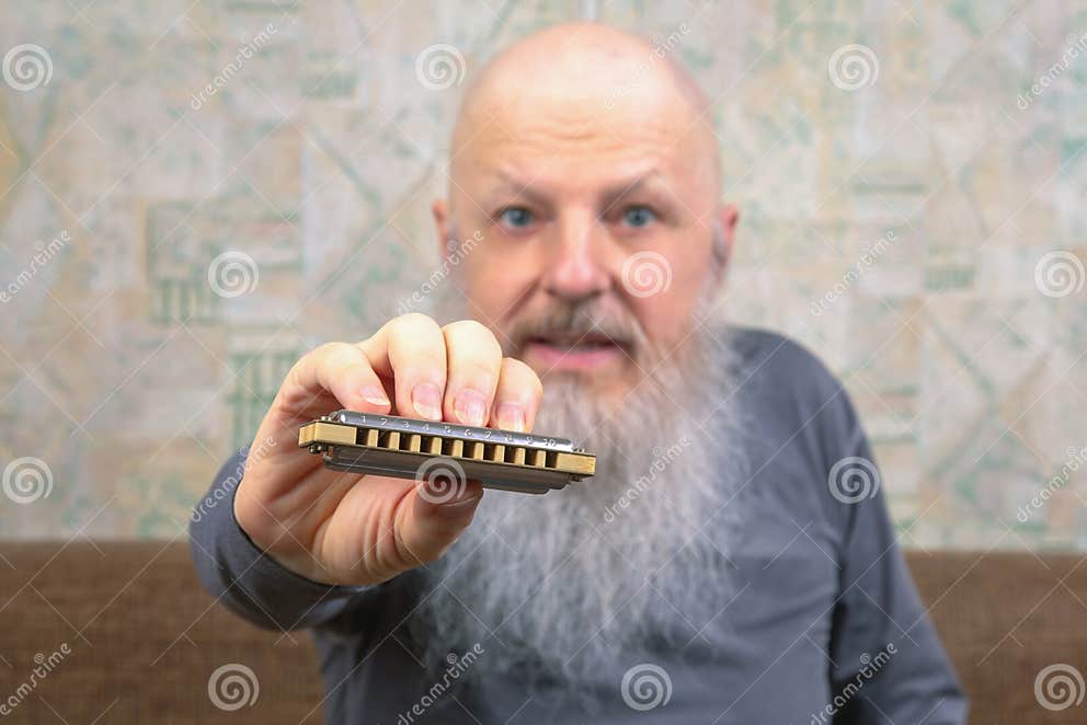 Bearded Man with a Harmonica in His Hand. Music and Hobbies Stock Photo ...
