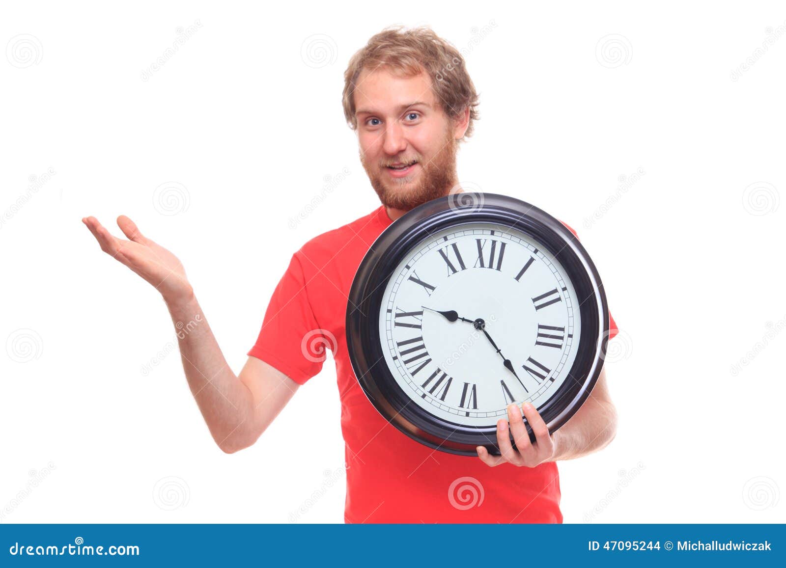 Bearded Man Holding Big Clock and Pointing Stock Photo - Image of smile ...