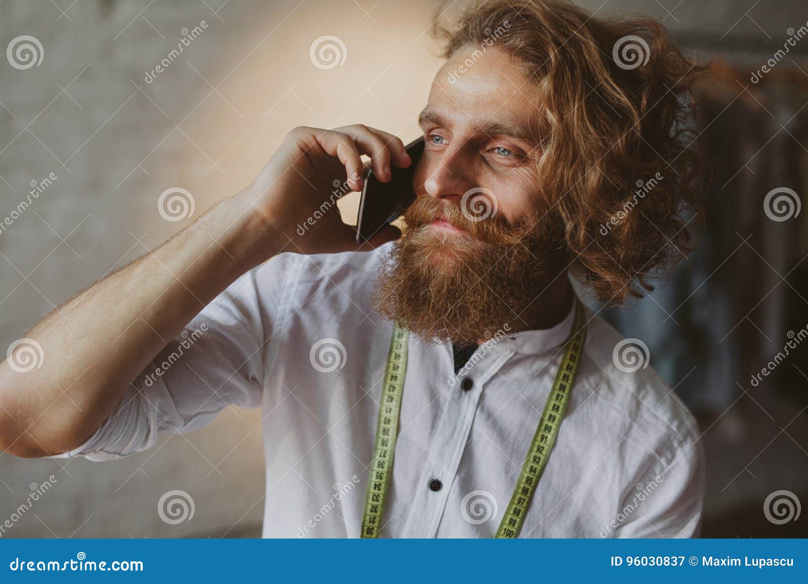 Bearded Man Holding Phone Standing Stock Image Image Of Positive