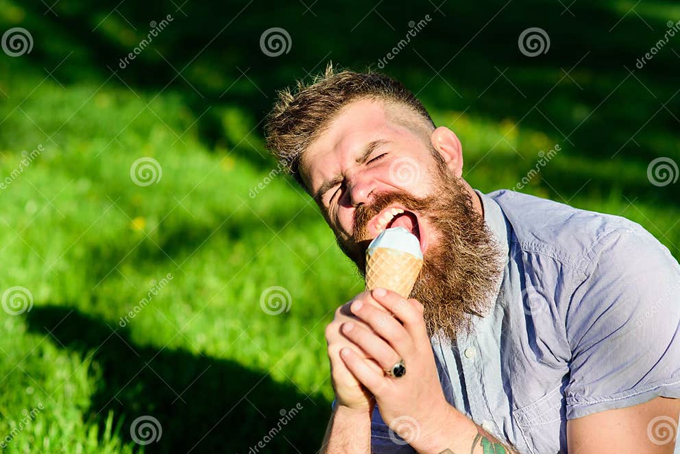 Bearded Man Holds Ice Cream Cone As Microphone Singer Concept Man