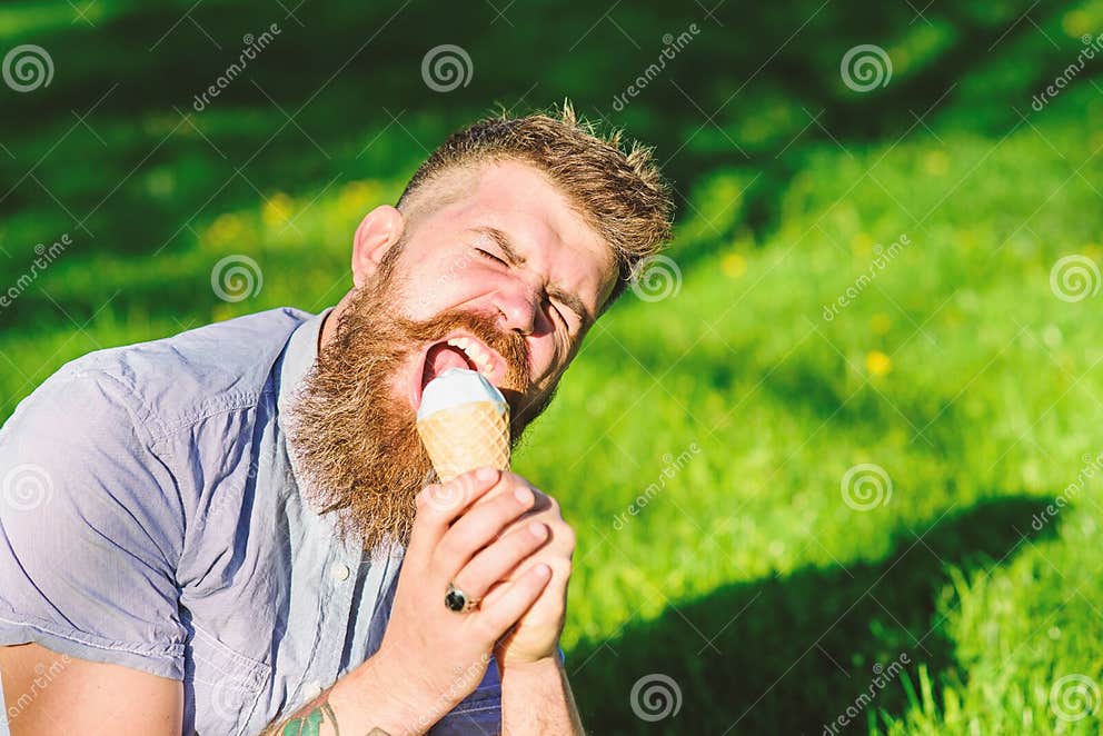 Bearded Man Holds Ice Cream Cone As Microphone Singer Concept Man