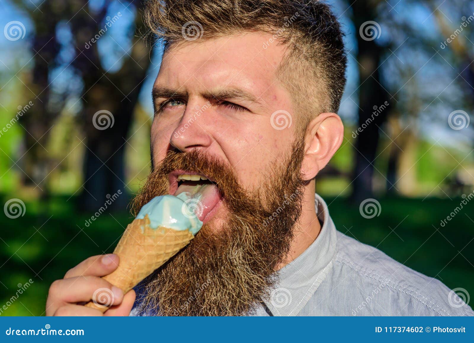 Bearded Man With Ice Cream Cone Chilling Concept Man With Long Beard