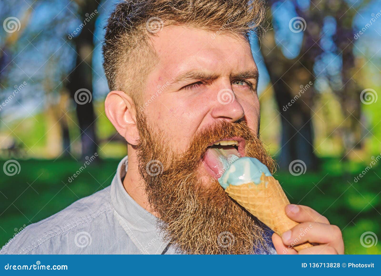 Bearded Man With Ice Cream Cone Chilling Concept Man With Long Beard