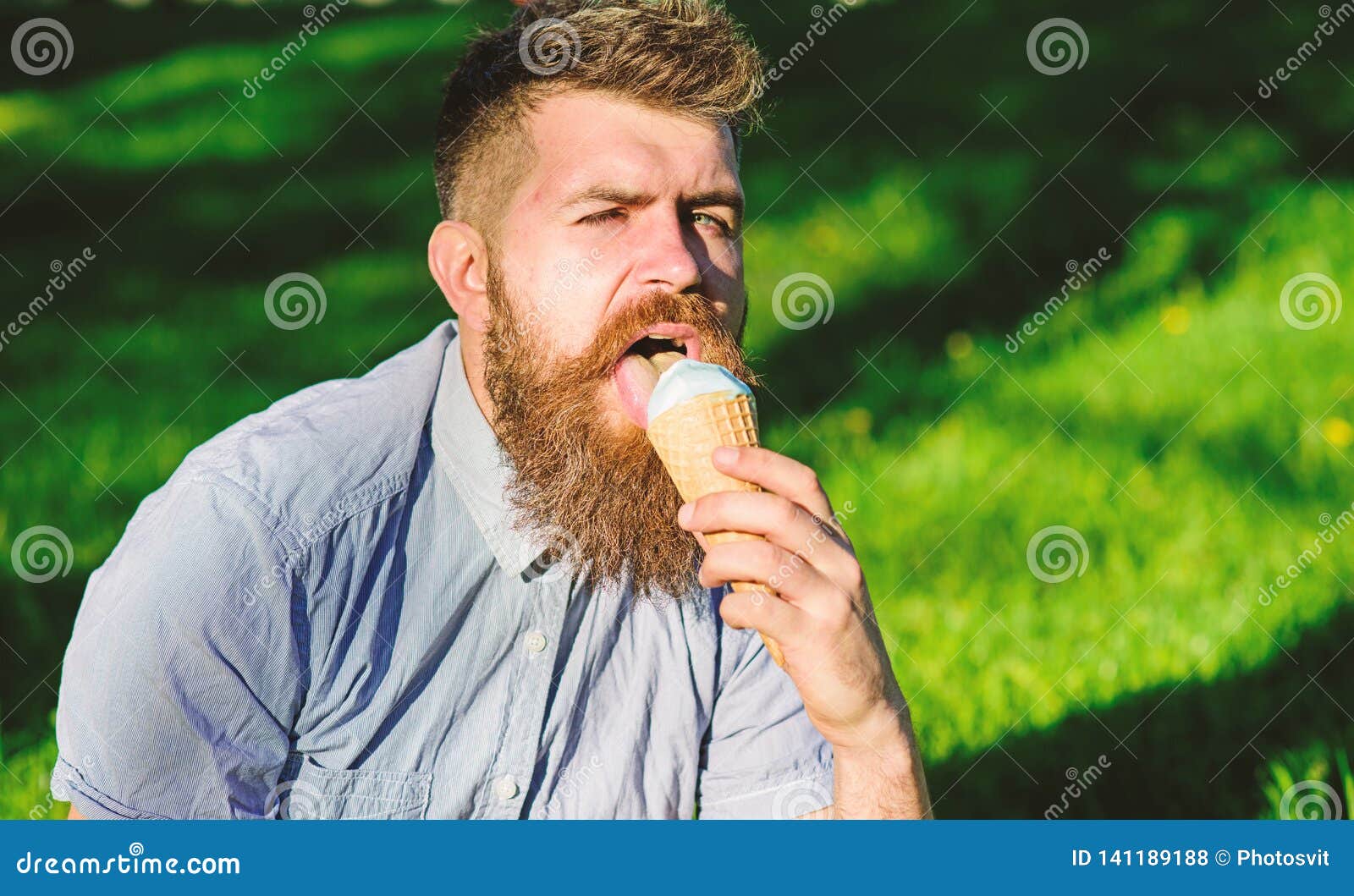 Bearded Man With Ice Cream Cone Delicacy Concept Man With Long Beard