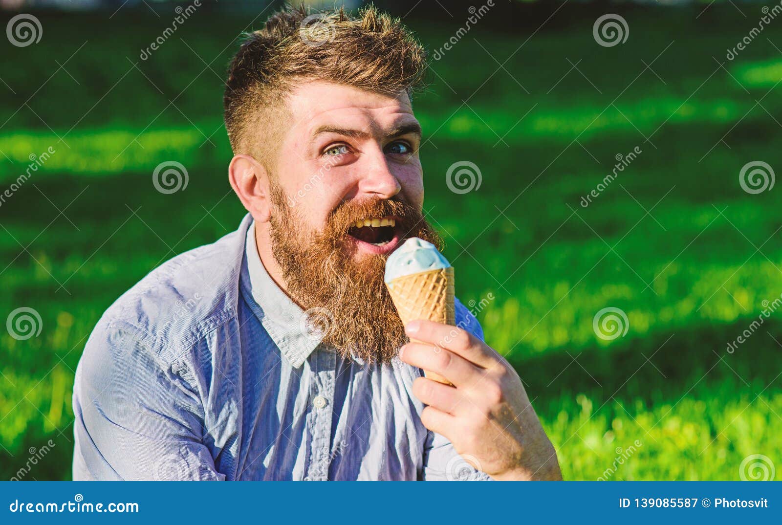 Bearded Man With Ice Cream Cone Man With Beard And Mustache On Happy