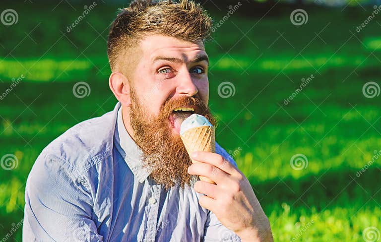 Bearded Man With Ice Cream Cone Man With Beard And Mustache On Happy