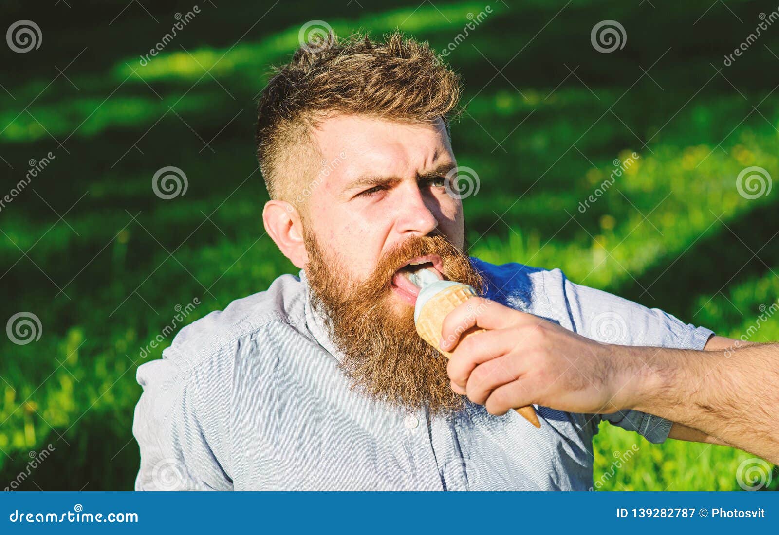 Bearded Man With Ice Cream Cone Man With Long Beard Eats Ice Cream