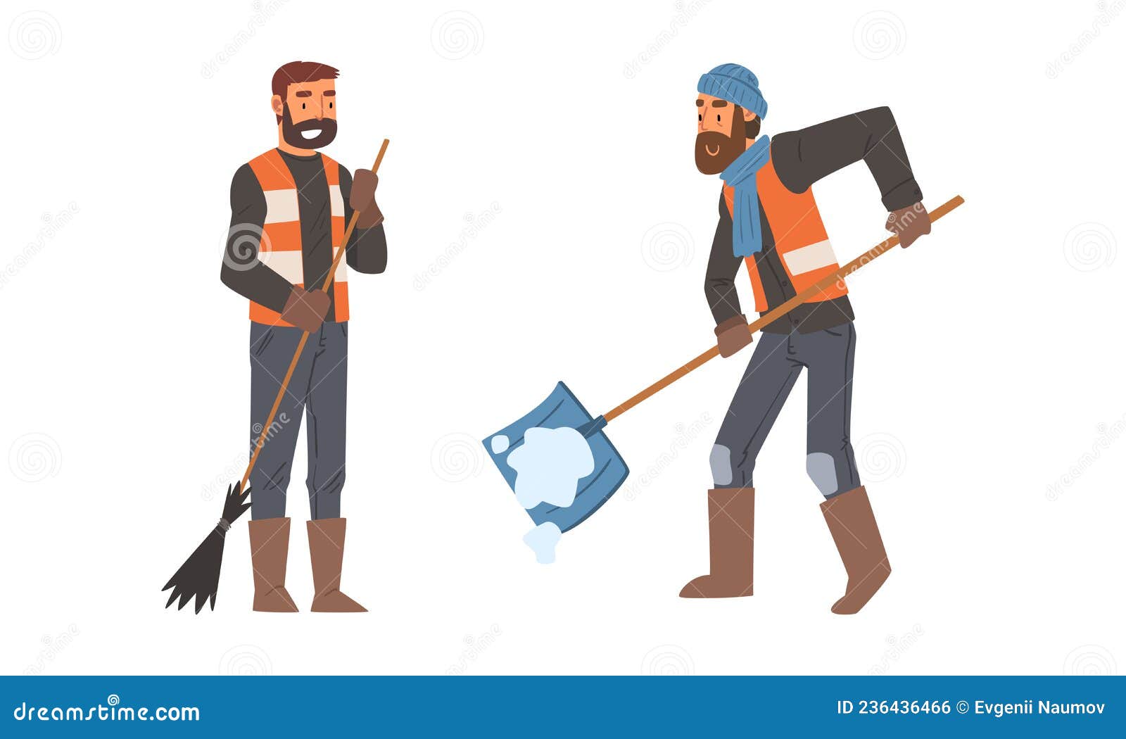 Bearded Man Janitor Wearing Orange Vest Shovel Away Snow and Sweeping ... Bearded Man Janitor Wearing Orange Vest Shovel Away Snow and Sweeping ...