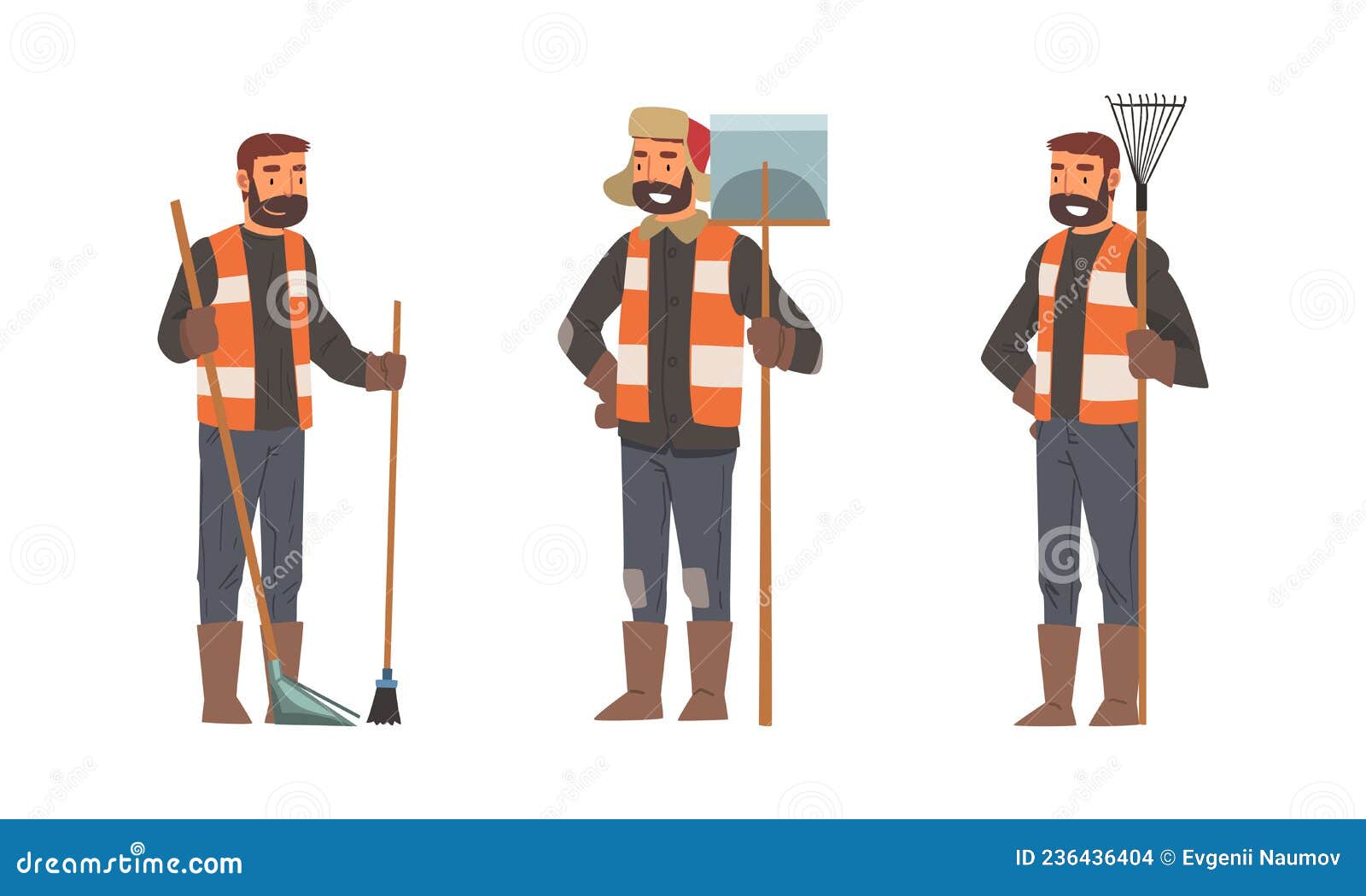 Bearded Man Janitor Wearing Orange Vest Standing with Shovel and Rake ... Bearded Man Janitor Wearing Orange Vest Standing with Shovel and Rake ...