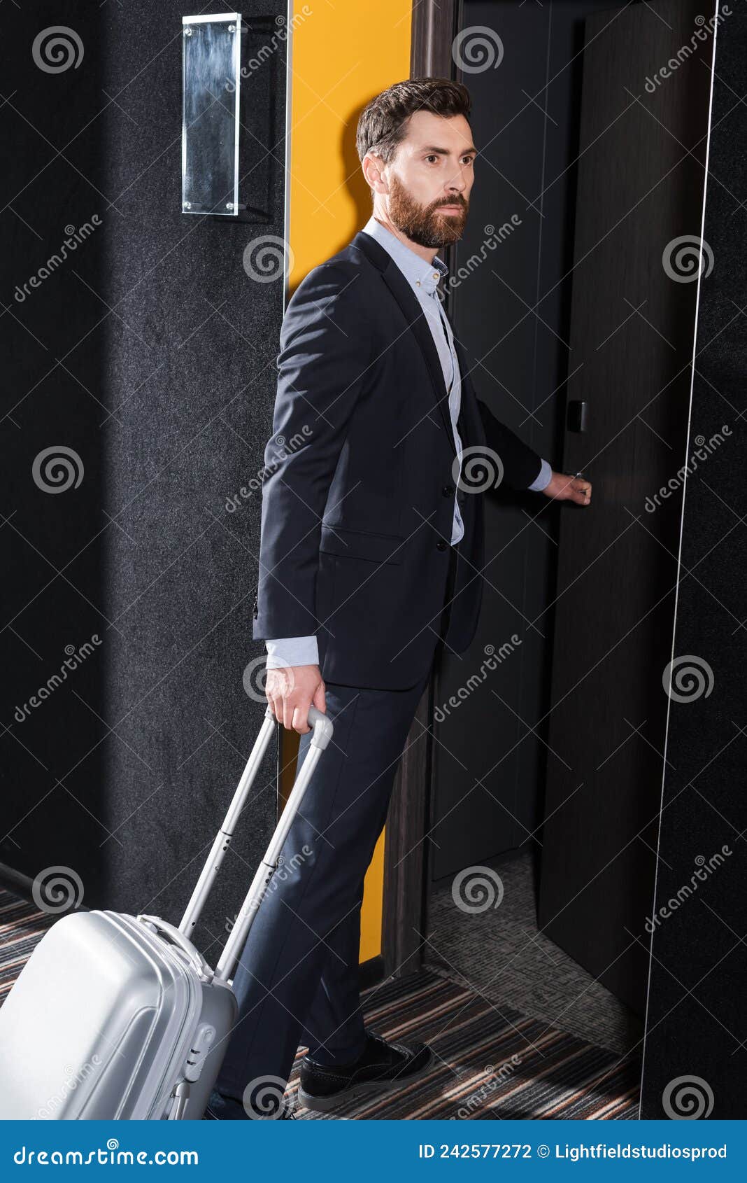 Bearded Man with Luggage Entering Hotel Stock Photo - Image of hall ...