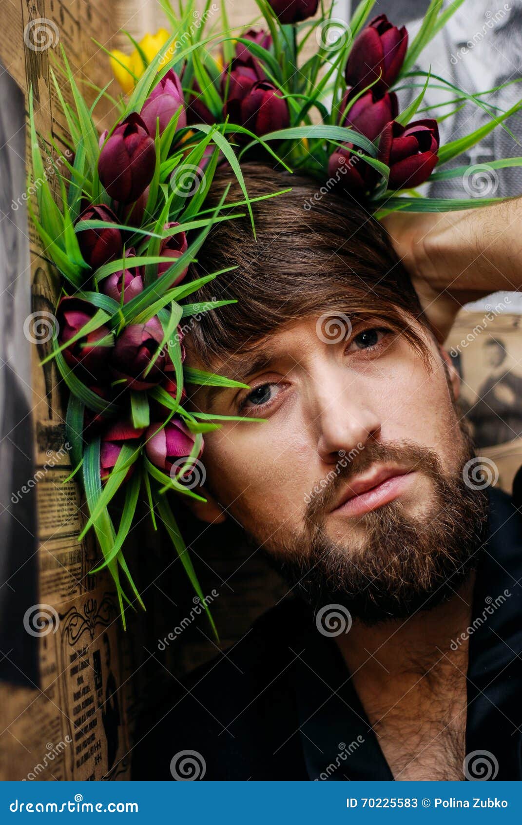 Bearded Man with Nice Bouquet of Flowers on His Head Stock Image ...