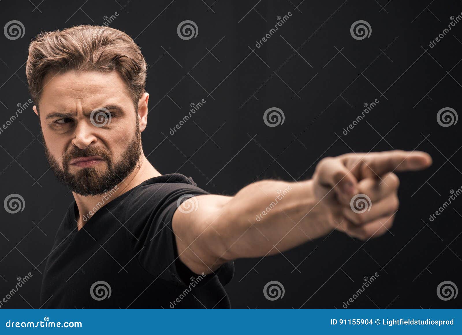 Bearded Man Pointing on Black with Copy Space Stock Photo - Image of ...