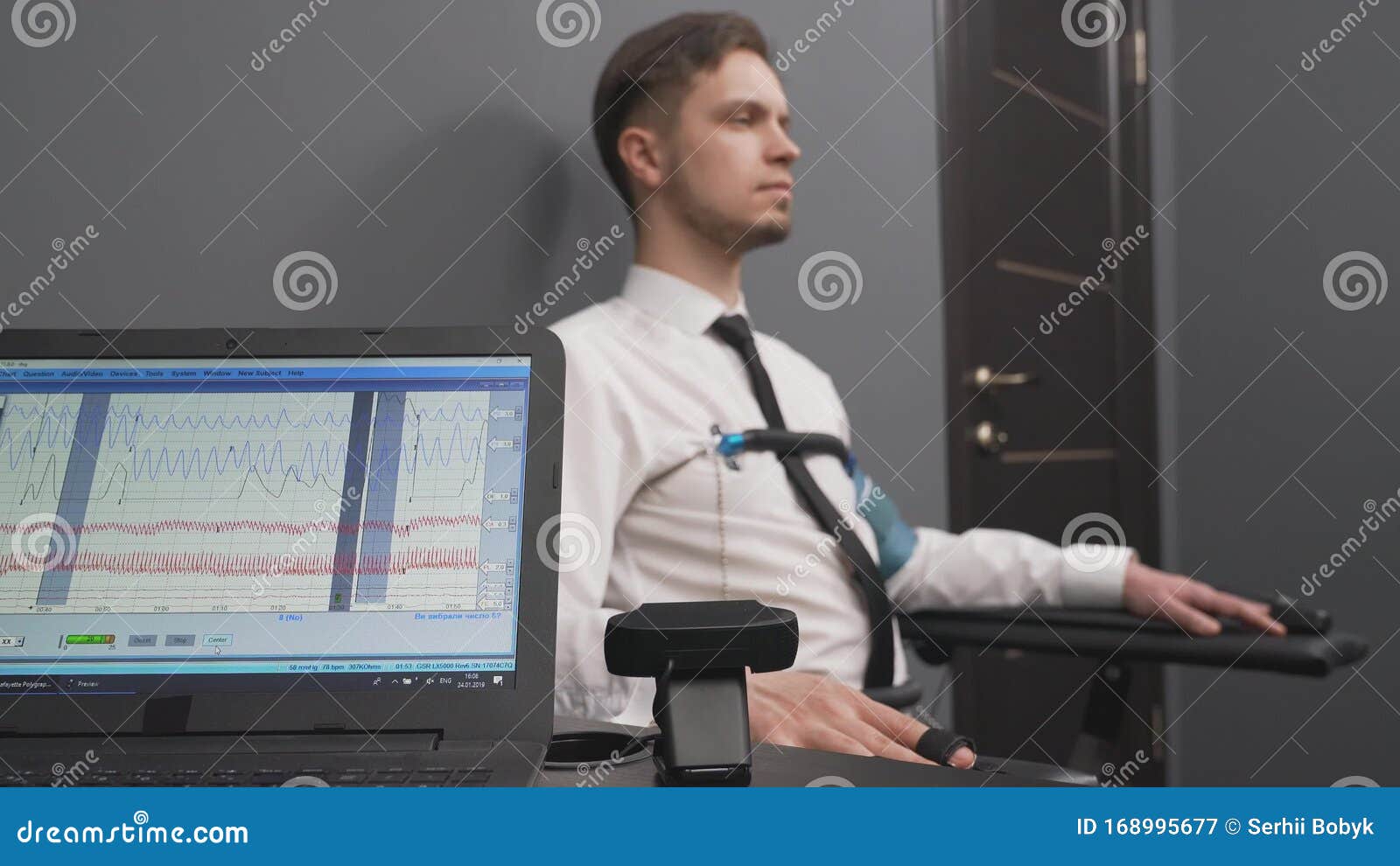 Bearded Man during Polygraph Test in Grey Office Stock Video - Video of ...