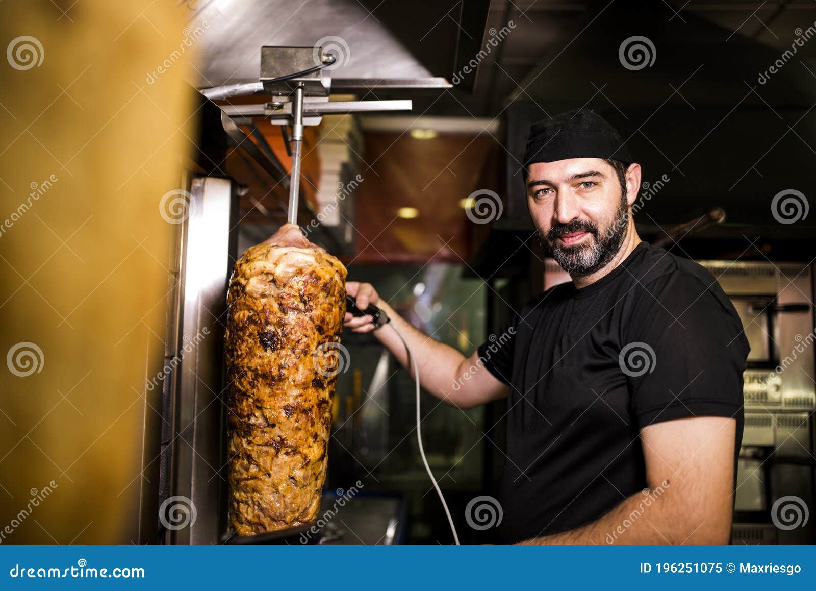 Bearded Man Preparing Kebab Meat in Pizza Bar Stock Image - Image of ...