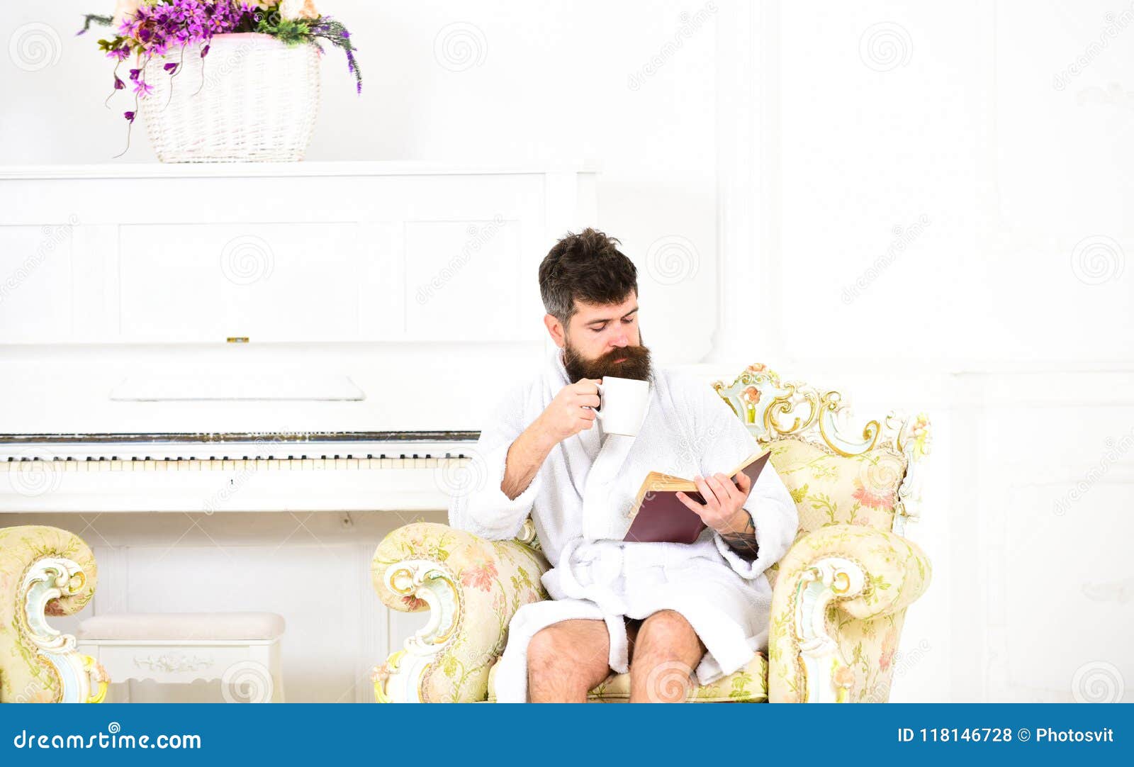 Man Reading Book While Drinking Coffee Or Tea Rich Guy Sitting In