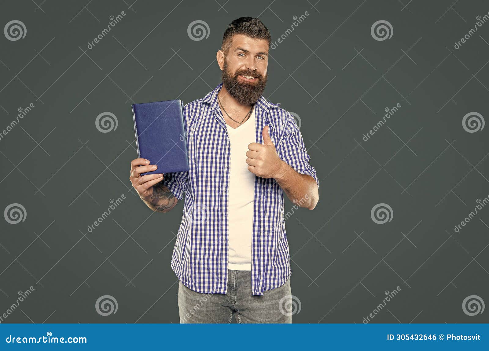 Bearded Man Recommend Book on Grey Background. Thumb Up Stock Photo ...