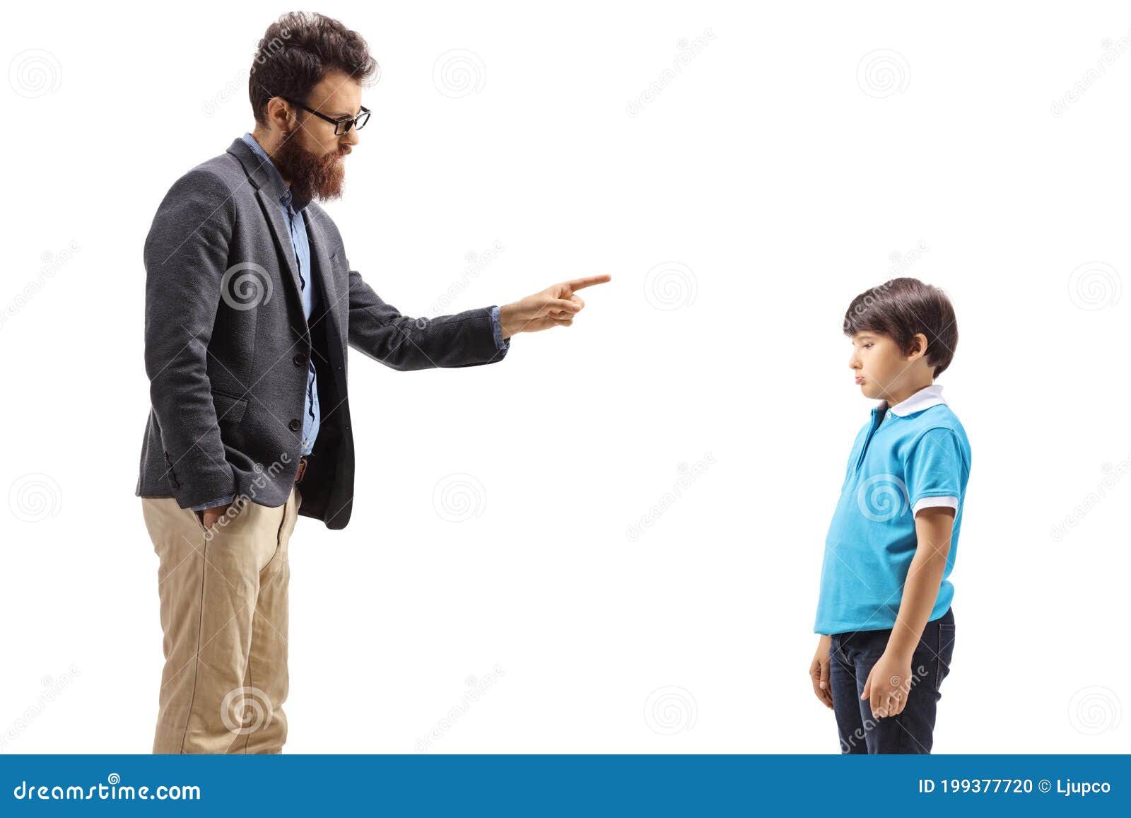 Bearded man scolding a boy stock photo. Image of isolated - 199377720