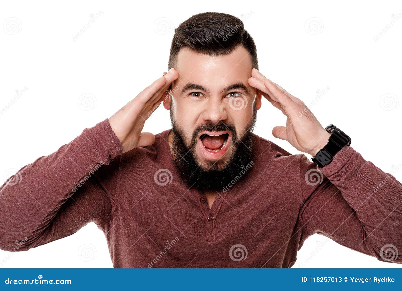 Bearded Man Screaming on White Background. Stock Image - Image of ...