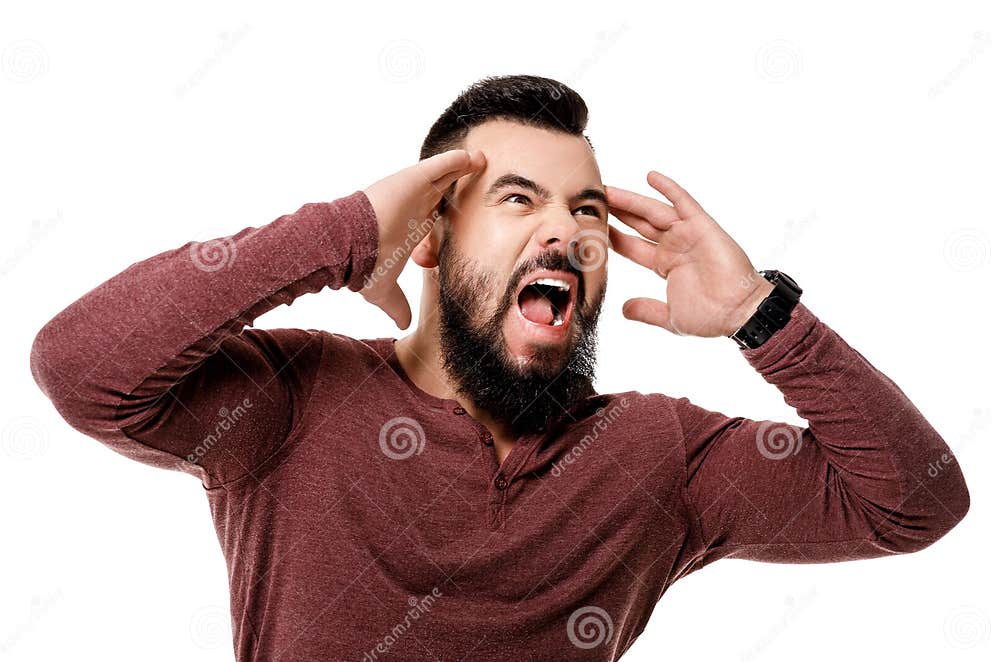 Bearded Man Screaming on White Background. Stock Photo - Image of ...
