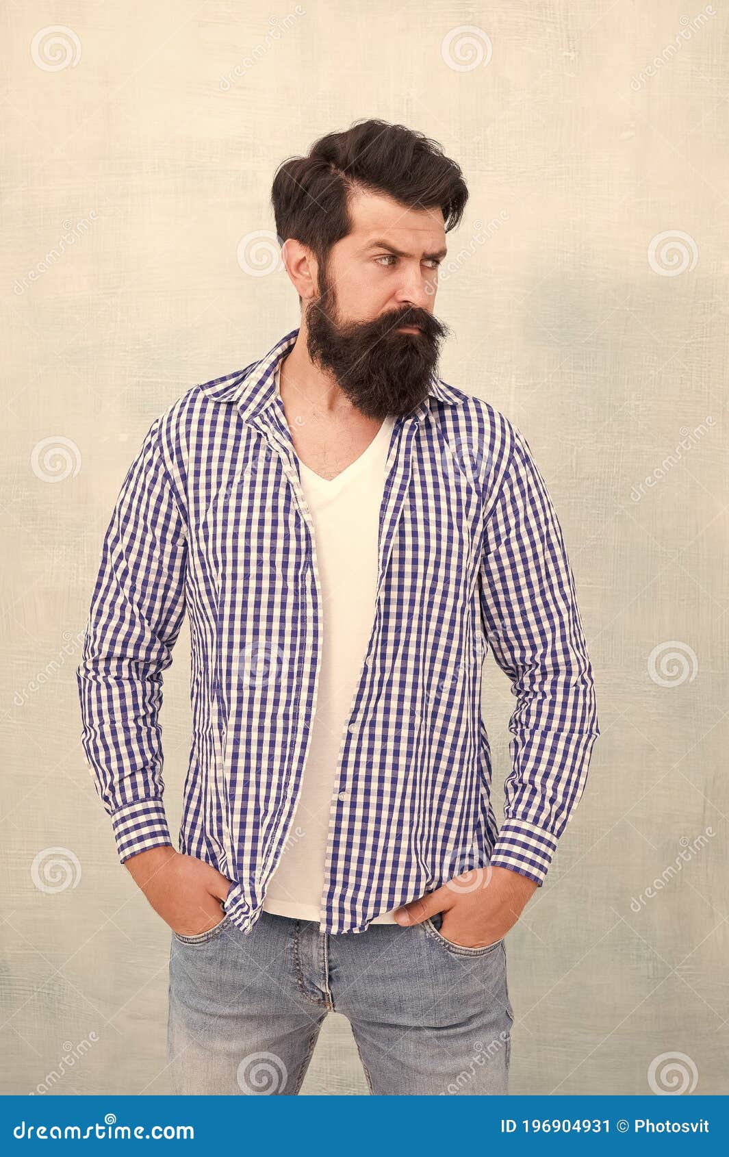 Bearded Man Seriously Tuned Denim Look Male Casual Fashion Style