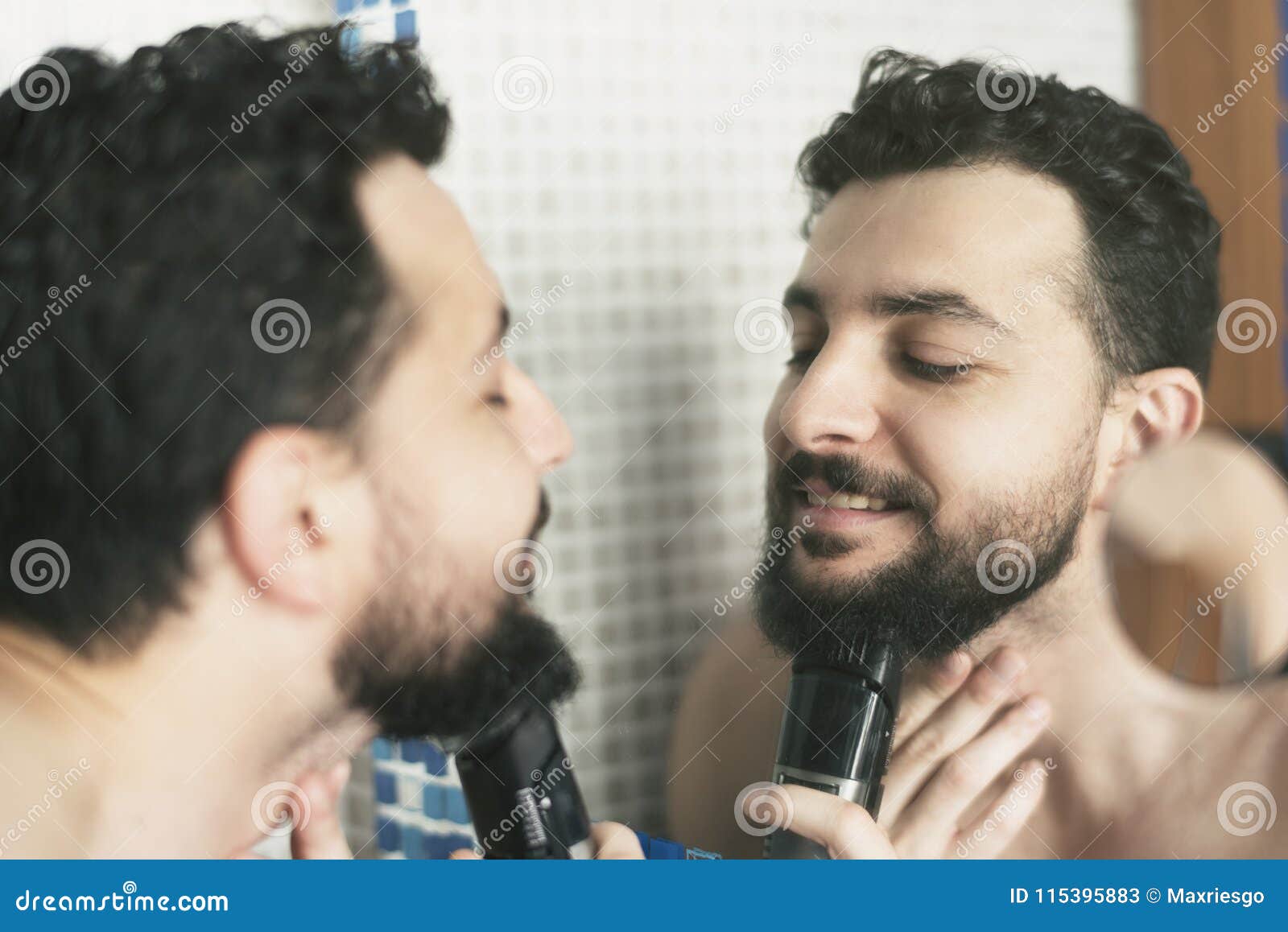 Bearded Man Shaving His Beard with Razor Shaving Machine Stock Image ...