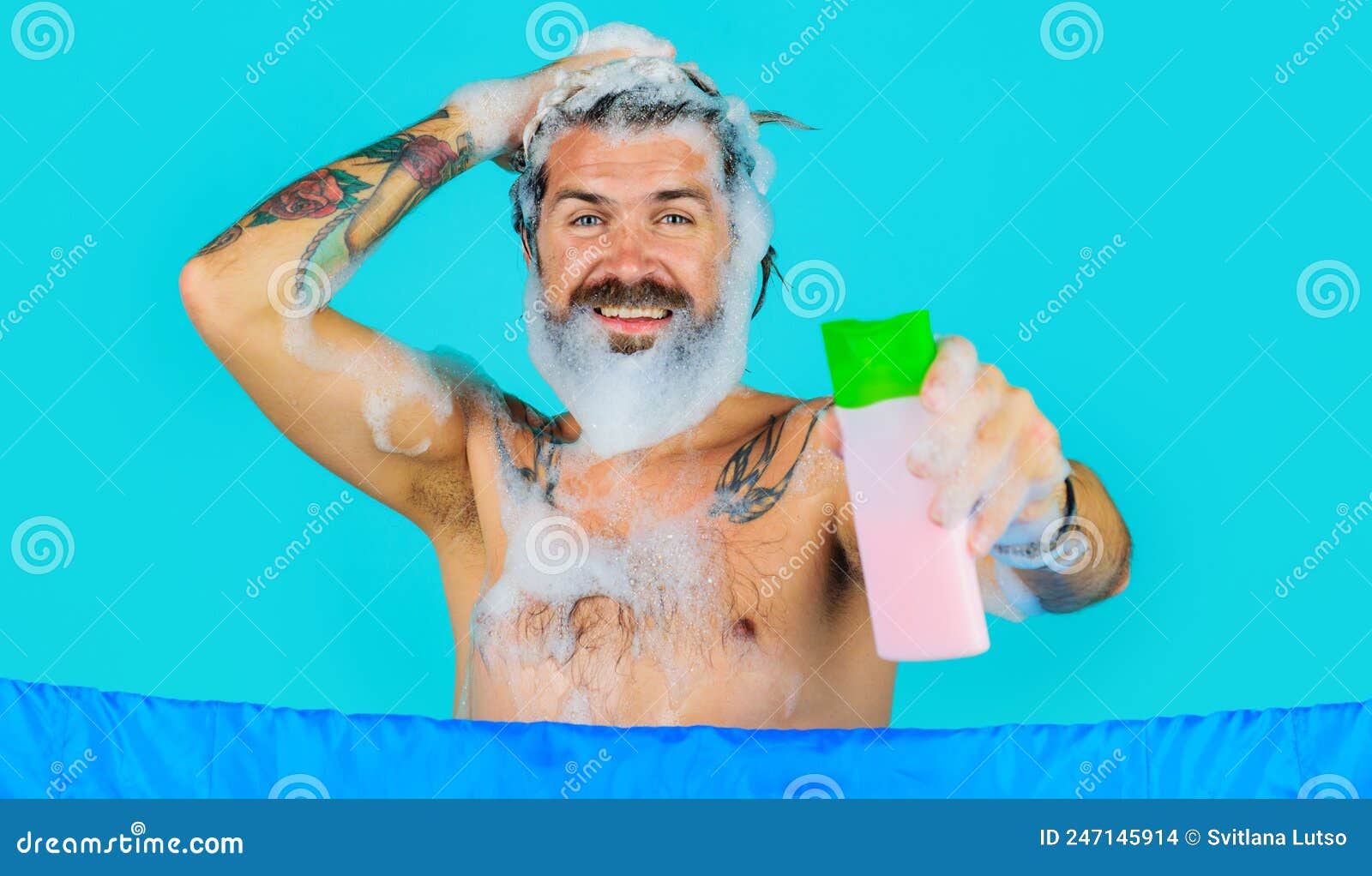 Bearded Man In Shower With Shampoo Bottle Happy Guy With Foam On Head