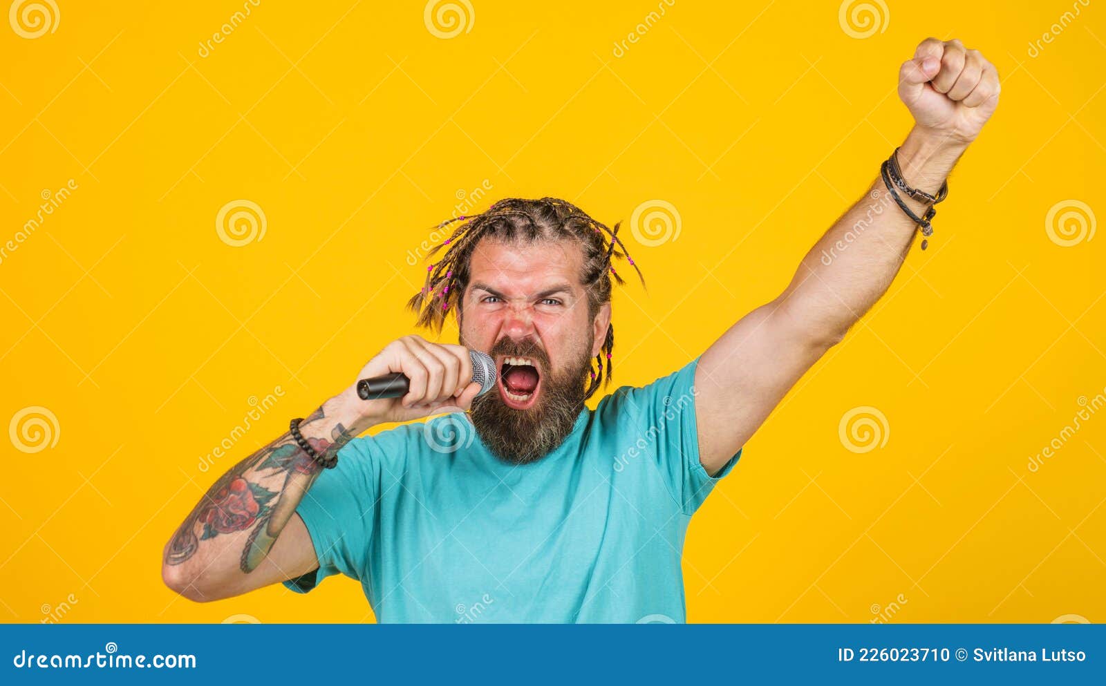 Bearded Man Singing Karaoke. Studio Records. Attractive Singer Sing ...