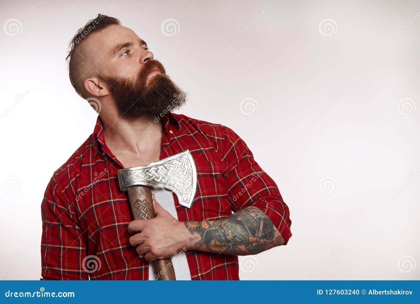 Bearded Male Holding Axe on Chest and Posing in Studio Stock Photo ...