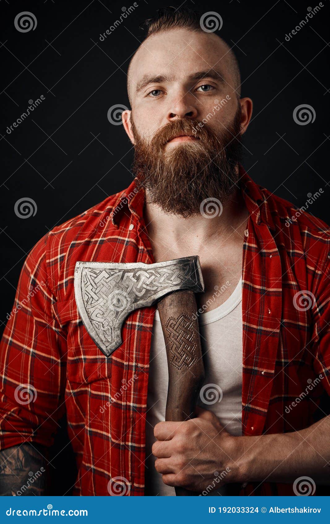 Bearded Male Holding Axe on Chest and Posing in Studio Stock Photo ...