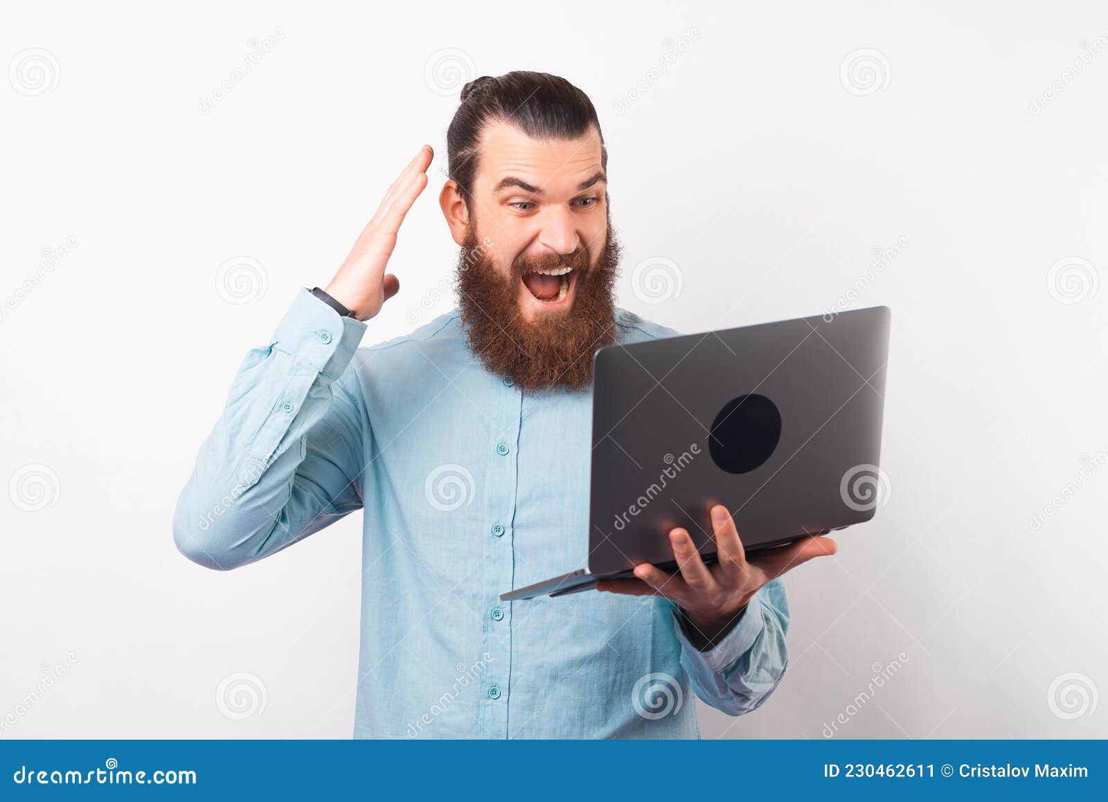 Bearded Man is Super Excited while Looking at the Laptop. Stock Image ...