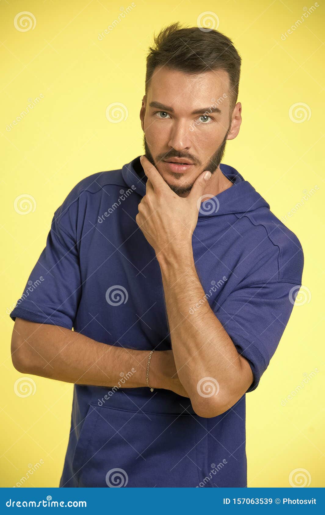 Bearded Man Touch Beard with Hand. Man with Bearded Face. Bearded Man ...