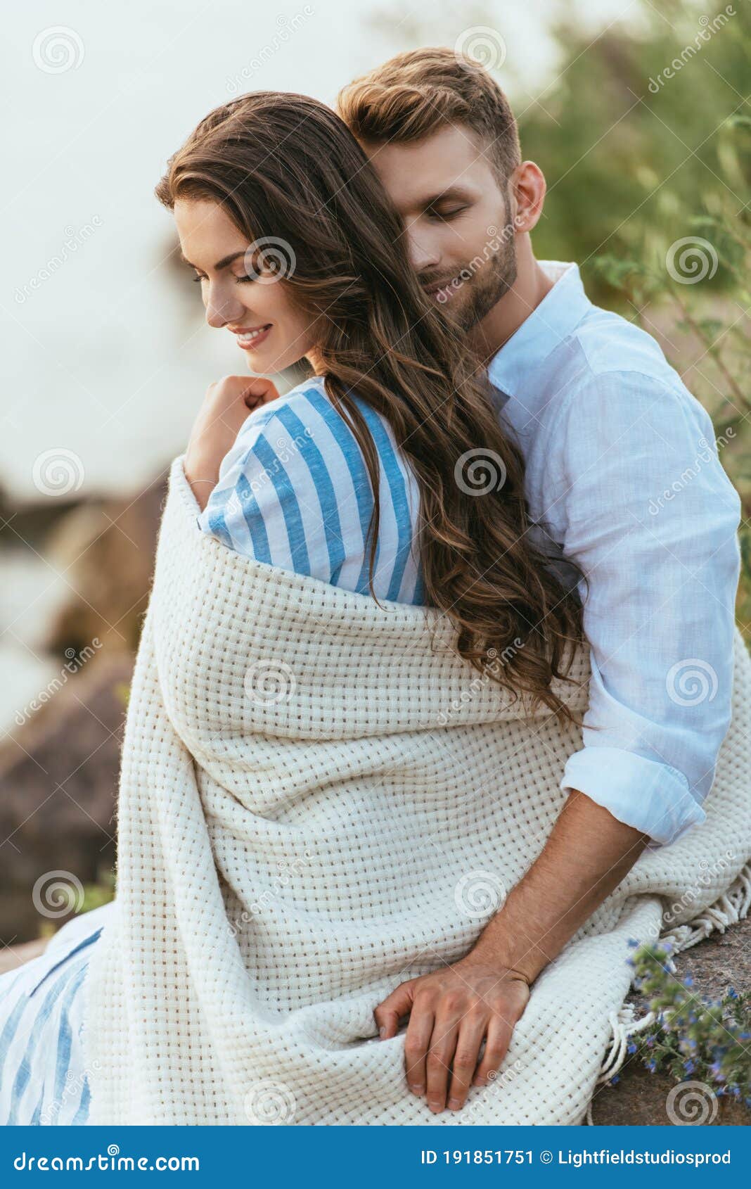 Bearded Man Touching Blanket while Hugging Stock Image - Image of ...
