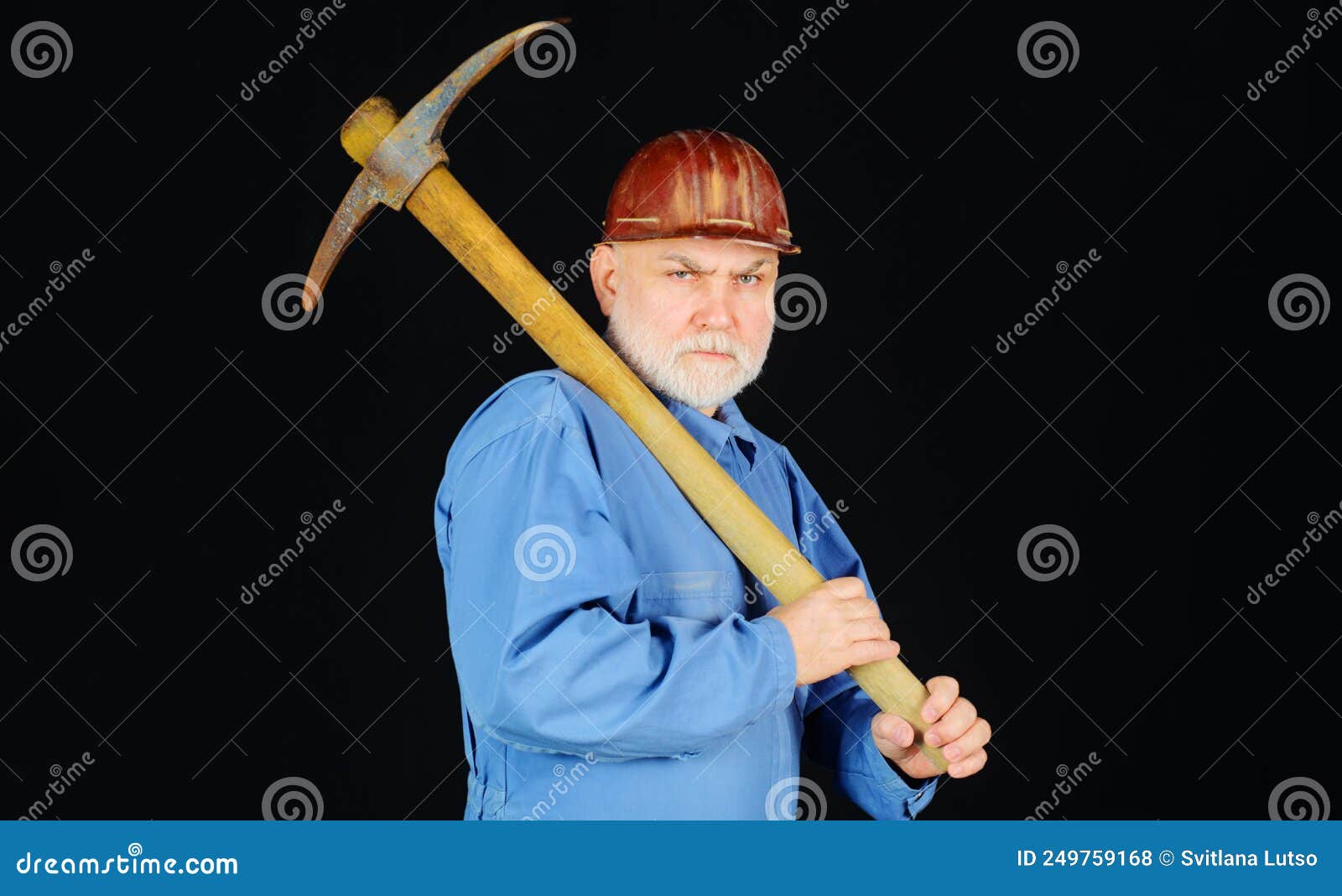 Bearded Man in Uniform with Pickaxe. Male Builder in Hard Hat with Old ...