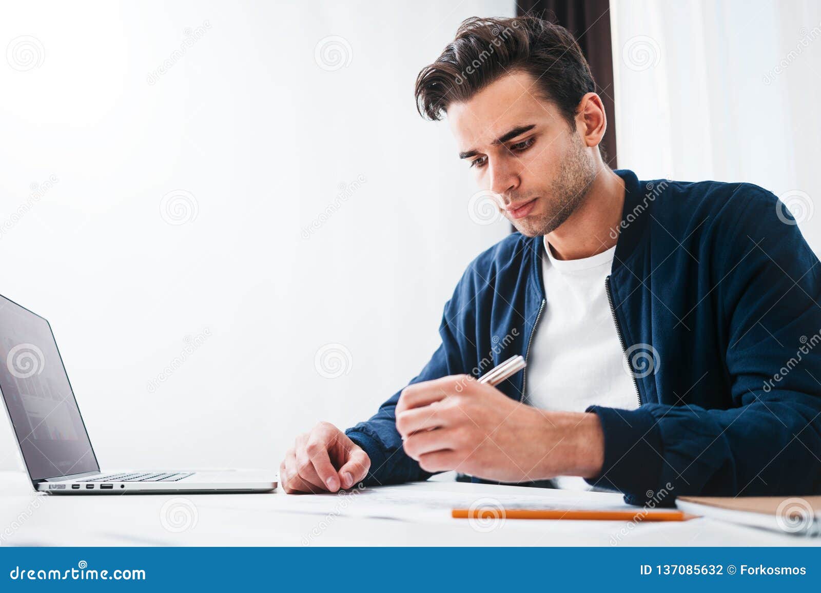 Bearded Man Using Laptop and Preparing Project Plan Sitting at Table ...
