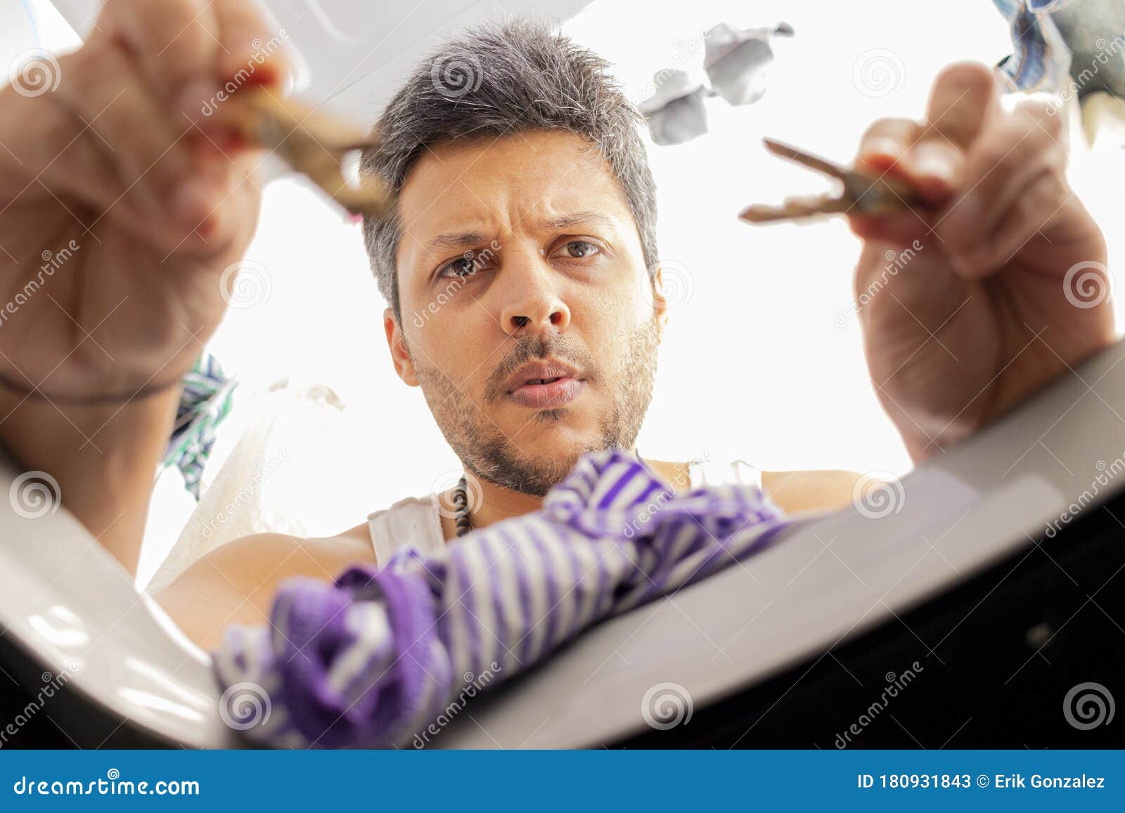 Bearded Man Using Washing Machine at Home Stock Image - Image of ...