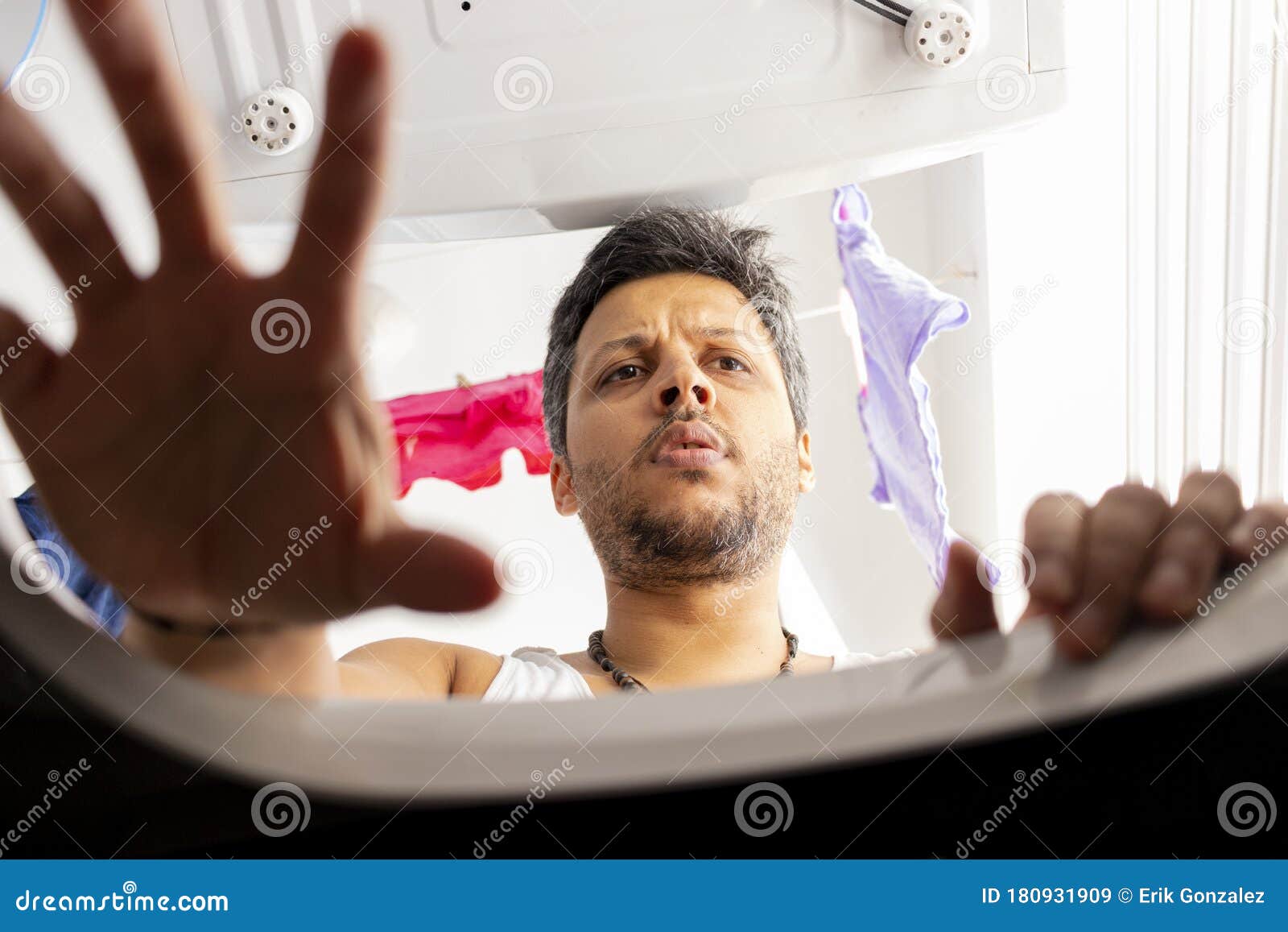Bearded Man Using Washing Machine at Home Stock Image - Image of beard ...