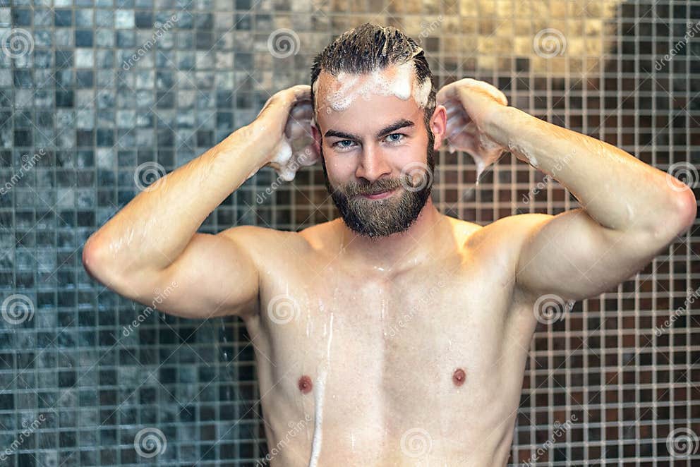 Bearded Man Washing His Hair With Shampoo Stock Image Image Of