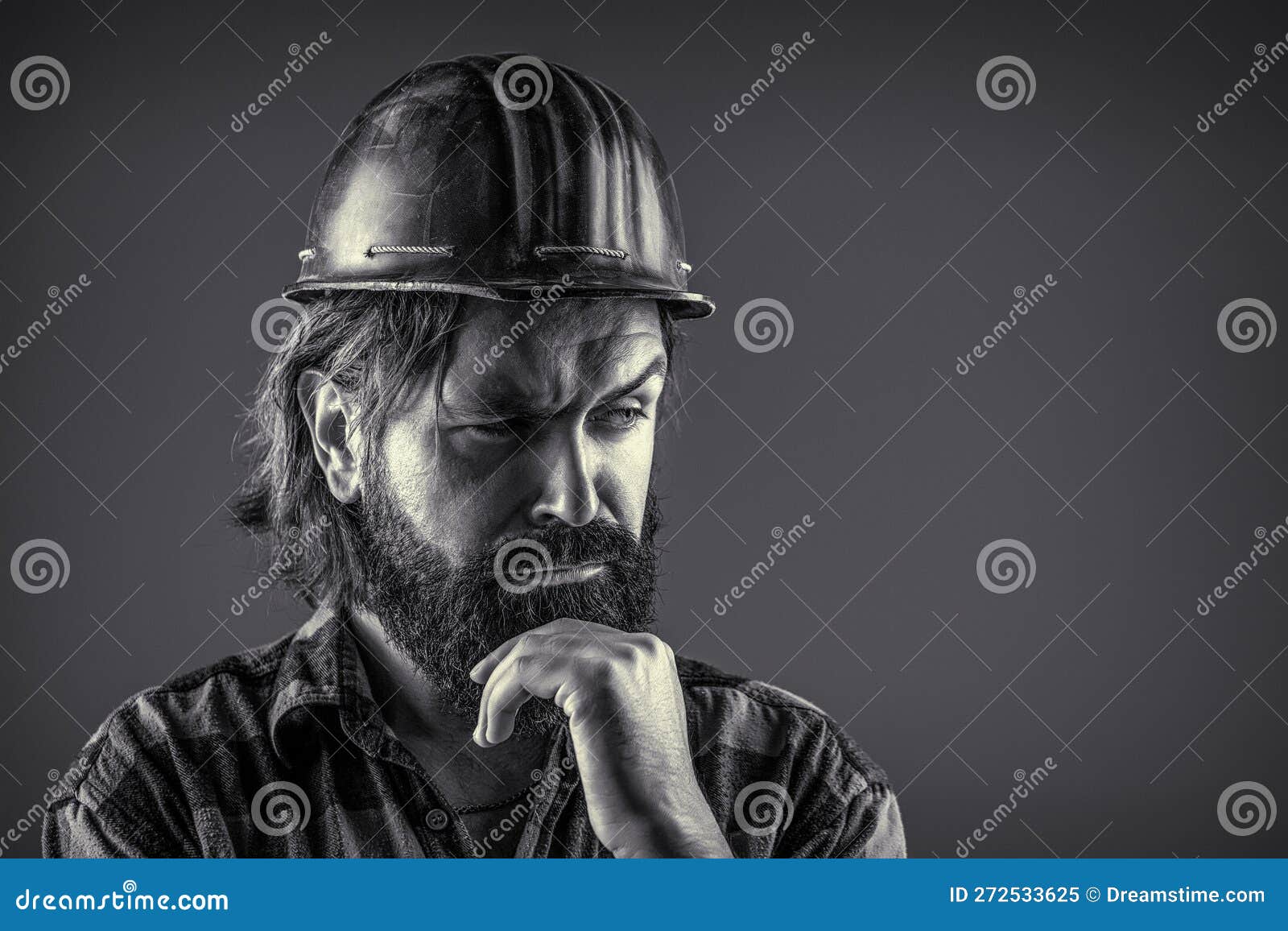 Bearded Man Worker with Beard in Building Helmet or Hard Hat. Black and ...