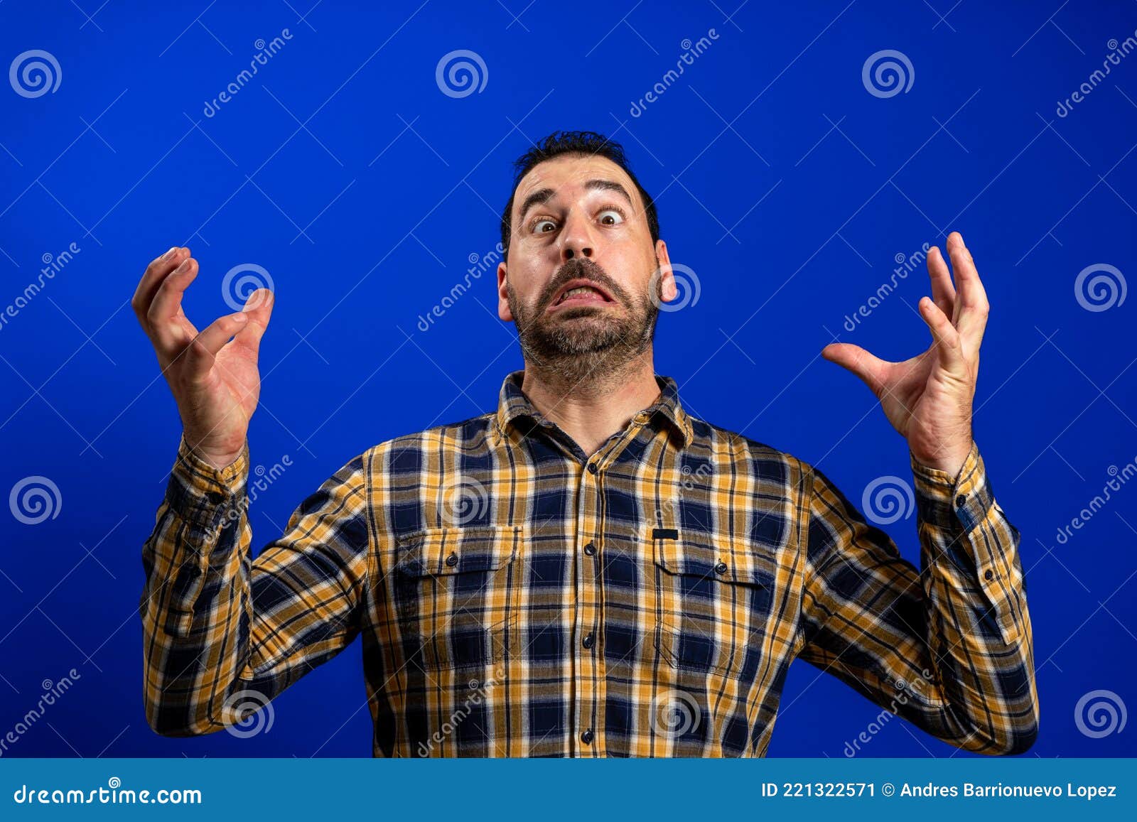 Bearded Man in a Yellow Plaid Shirt with a Desperate Expression on Blue ...