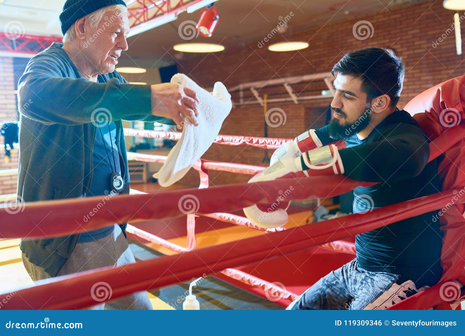Boxer Taking Rest on Ring with Coach Stock Photo - Image of sportsman ...
